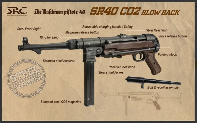SRC MP40 - SR40 "Schmeisser" Maschinenpistole Co2 GBB Gas Blow Back by